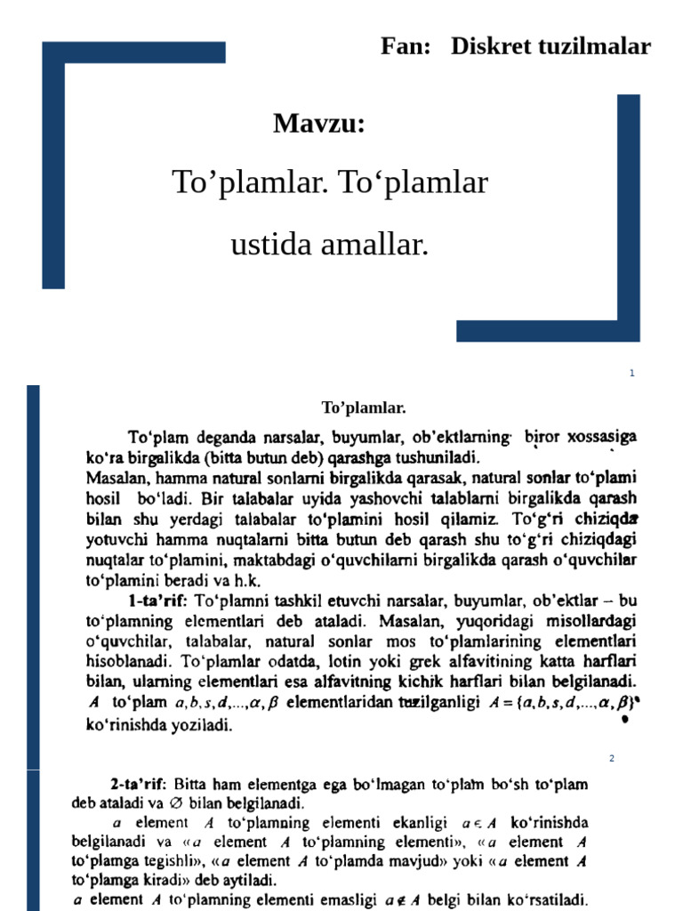 2-Mavzu. To'plamlar. To Plamlar Ustida Amallar | PDF