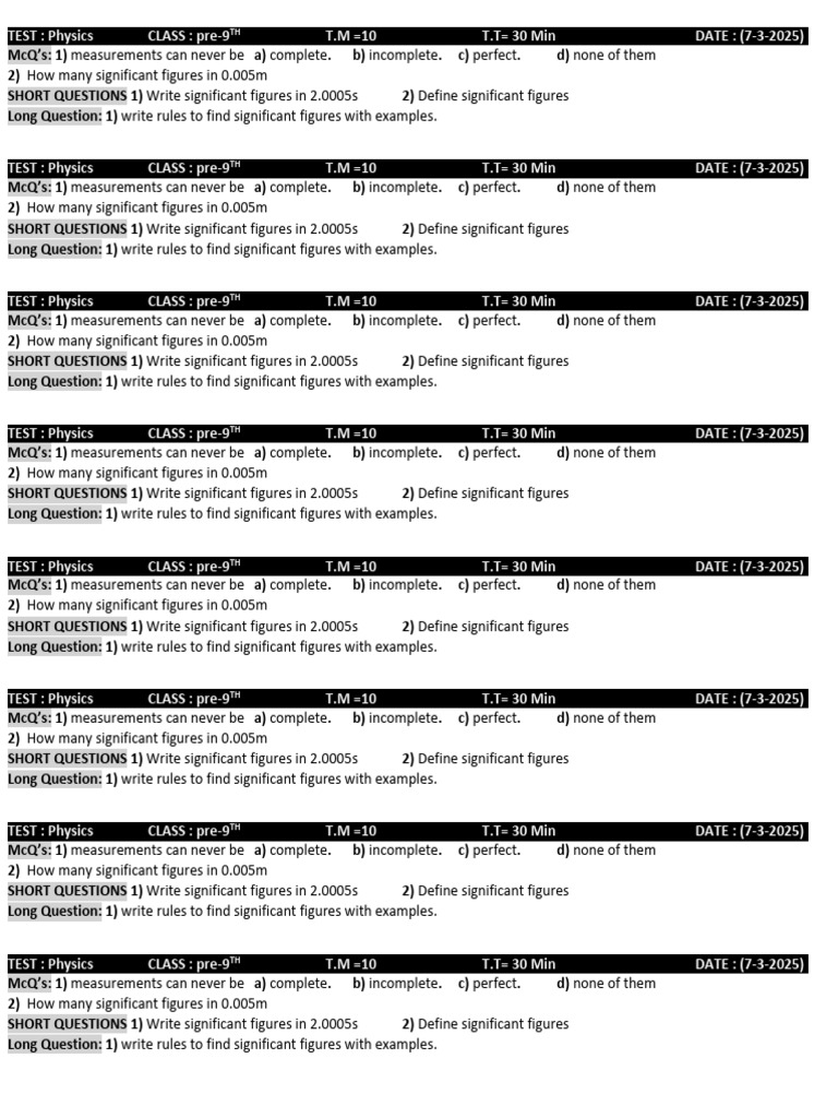 pre 9th physics Weekly 7-3-2025. | PDF | Multiple Choice | Applied Mathematics
