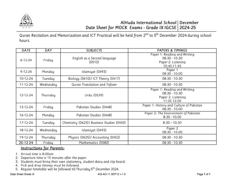 Final Mock Exam Grade IX IGCSE Date Sheet - Session 2024-25 | PDF