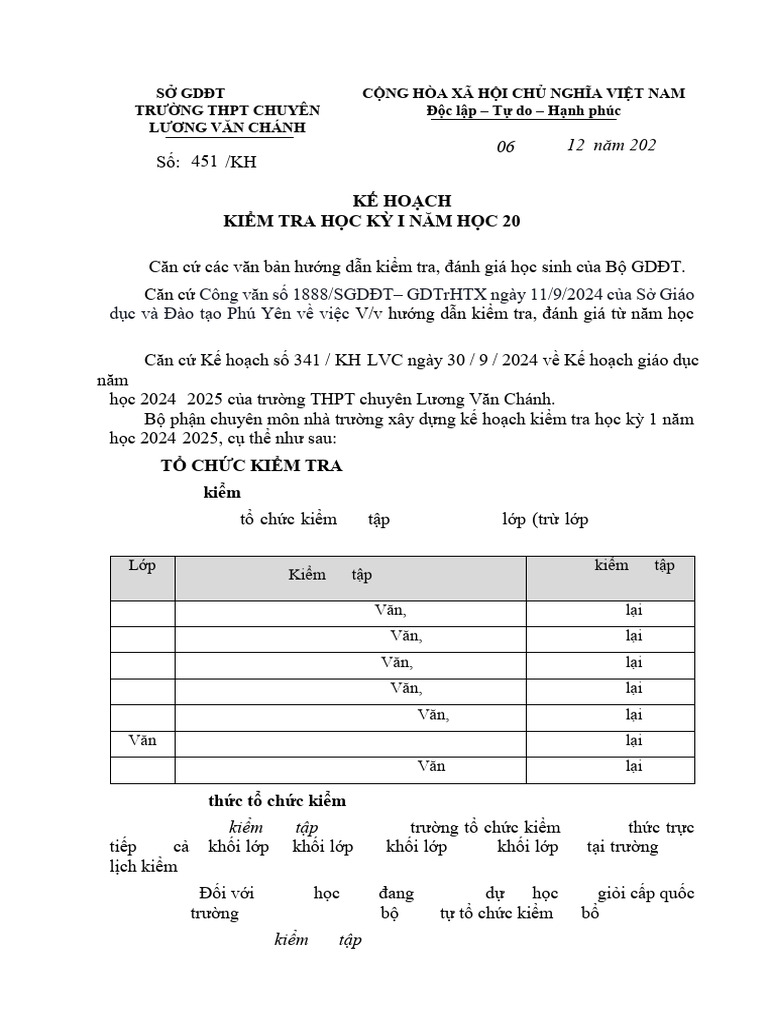 Ke Hoach Kiem Tra Hoc Ki 1 Nam Hoc 2024-2025 7dbf2 | PDF
