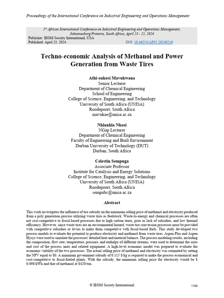 Techno-Economic Analysis of Methanol and Power Generation From Waste ...