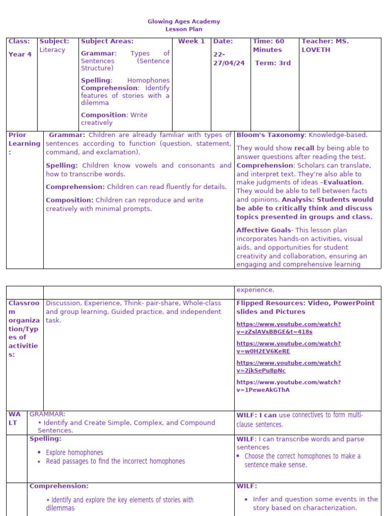 Year 4 Literacy Lesson Plan Term 3 | PDF | Reading Comprehension ...
