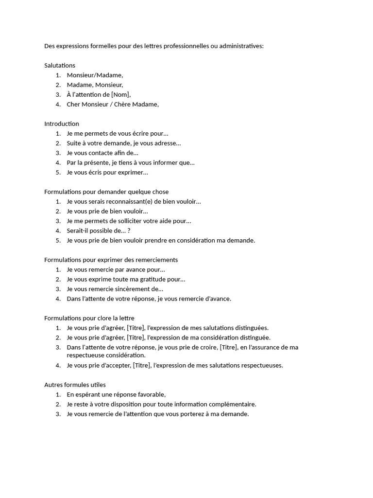 Expressions formelles pour lettres professionnelles | PDF