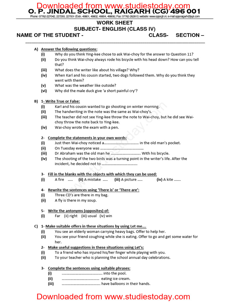 CBSE Class 4 English Revision Worksheets Set C | PDF | Syntax | Language Mechanics
