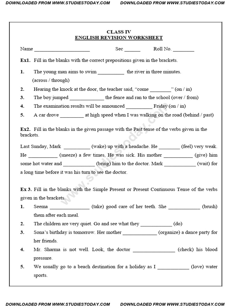 CBSE Class 4 English Revision Worksheet Set 15 | PDF | Language ...