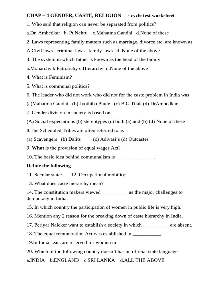 Gender, Caste, Religion Worksheet | PDF