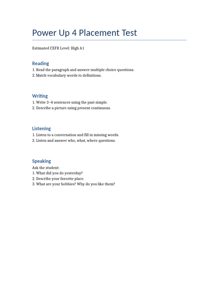 Power Up 4 Placement Test | PDF