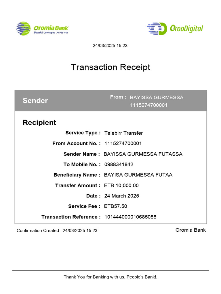 Telebirr Transfer Receipt ETB 10,000 | PDF
