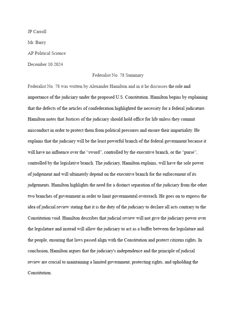 Summary of Federalist No. 78 | PDF