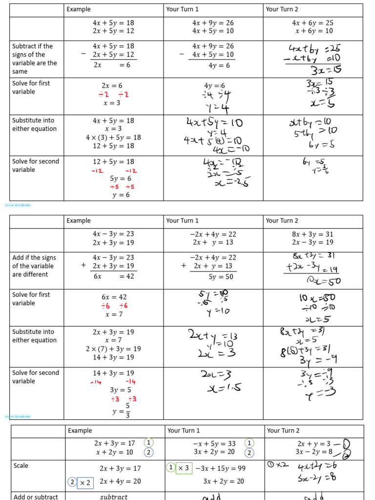 Scaffolded Simultaneous Equations by Elimination Examples | PDF | Equations | Mathematical Concepts