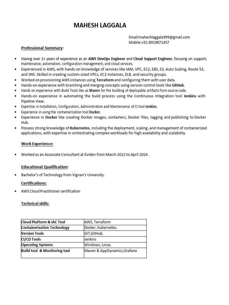 AWS Devops Engineer Resume | PDF | Amazon Web Services | Cloud Computing