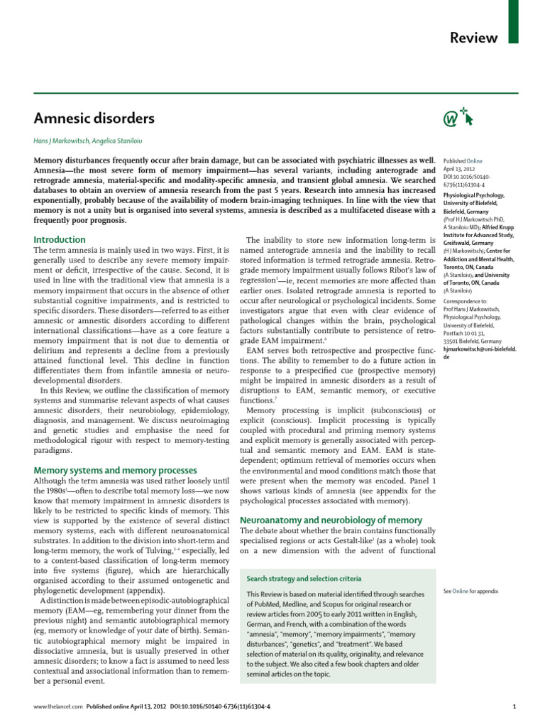 (Artigo) Amnestic Disorders (Markovitsch, 2012) | PDF | Amnesia | Memory