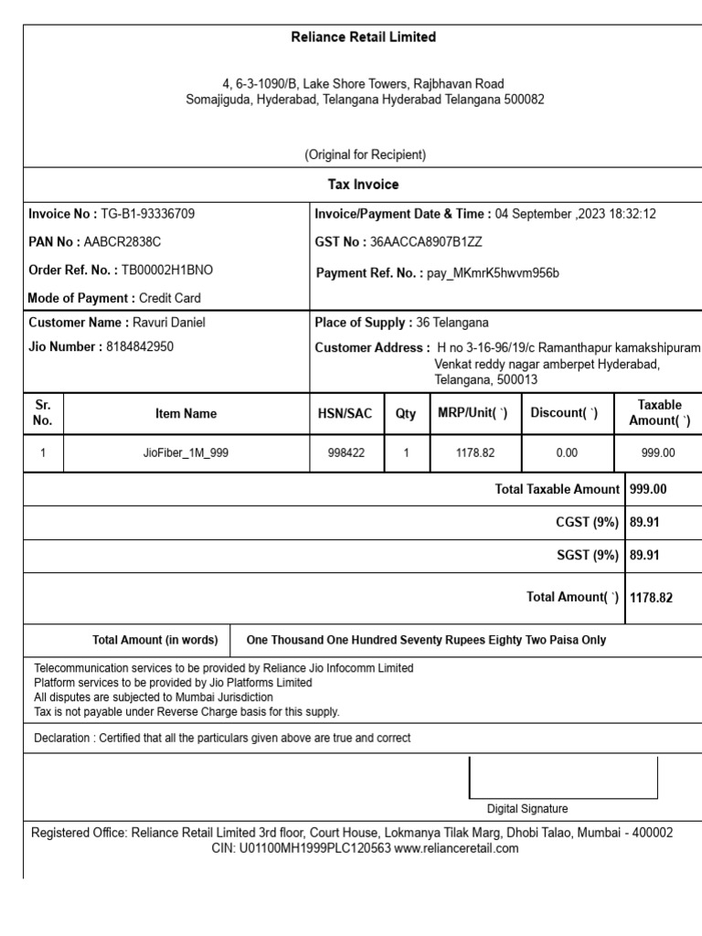 Daniel Broadband September | PDF | Receipt | Payments