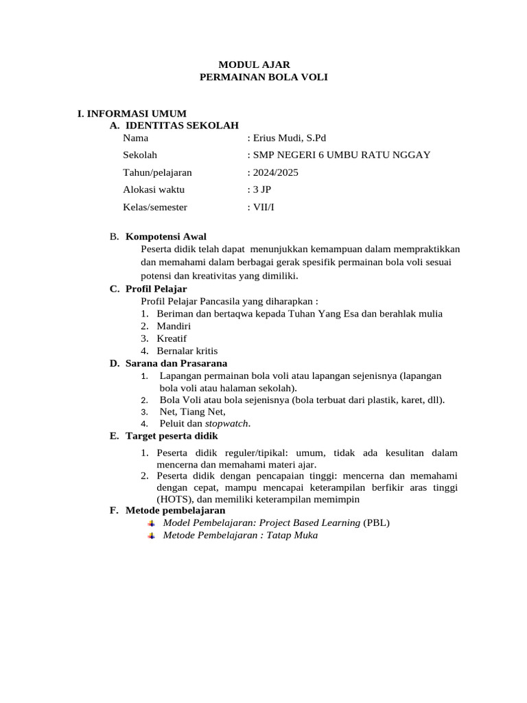 Modul Ajar Pjok Kelas Vii (Erius Mudi) | PDF