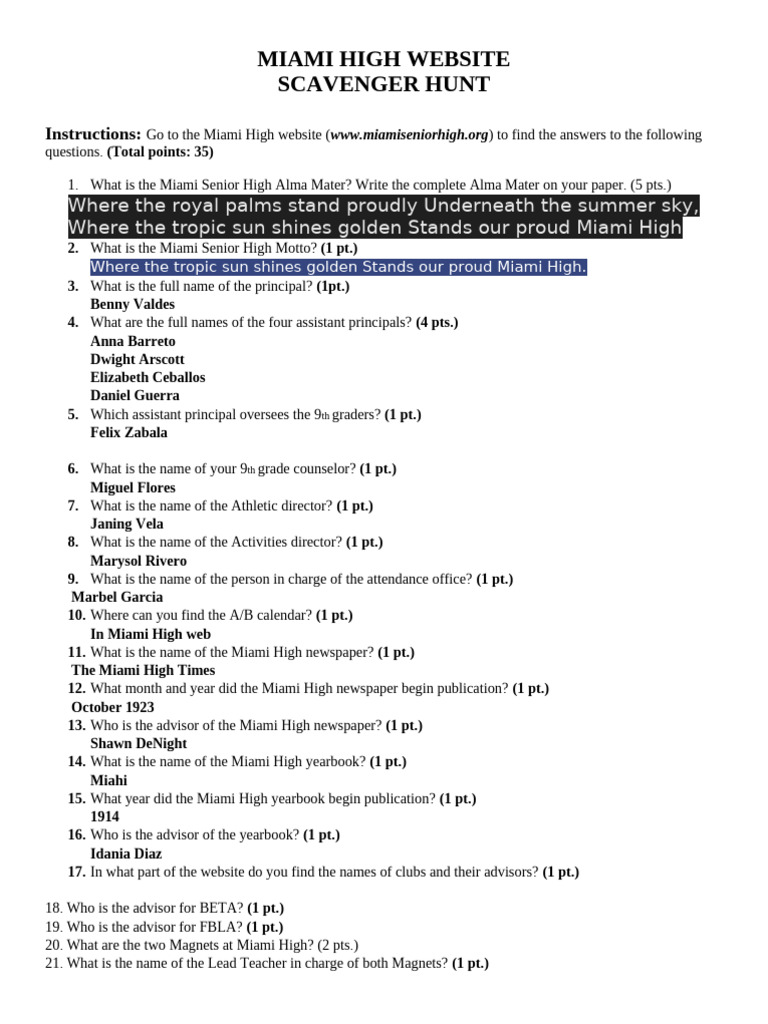 Miami High Scavenger Hunt Guide | PDF