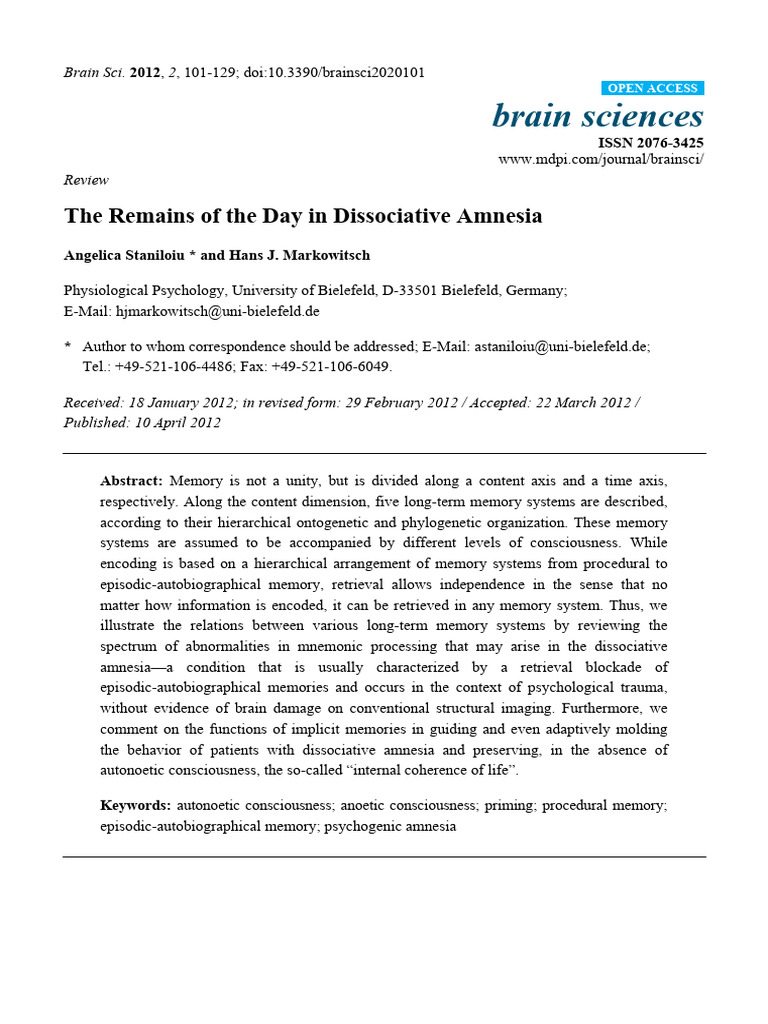(Artigo) Remains of The Day in Dissociative Amnesia (Markowitch, 2012 ...