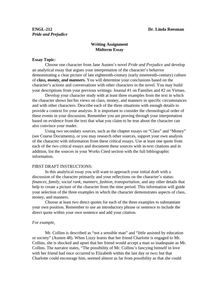 ENGL-212 Pride and Prejudice Midterm 2022 | PDF | Essays | Pride And ...