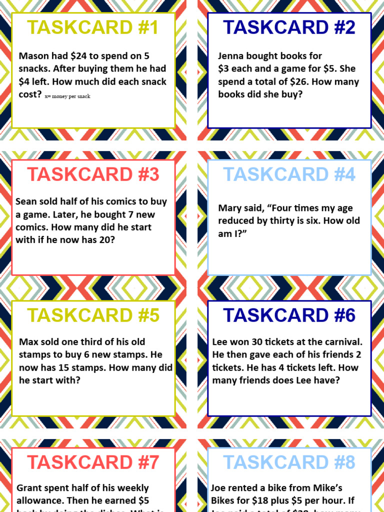Logan Birr - Task Cards Equations From Word Problems | PDF