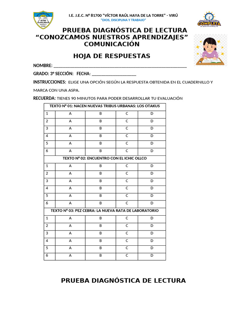 HOJA DE RESPUESTA EV.DIAGNÓSTICA TERCERO | PDF