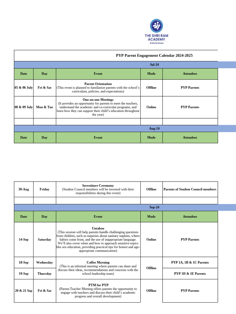 PYP Parent Engagement Calendar 2024-25 | PDF | Learning | Cognition