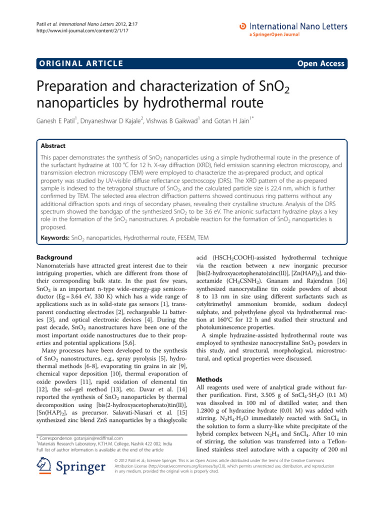 Preparation and Characterization of SnO2 Nanoparti | PDF | Transmission Electron Microscopy ...