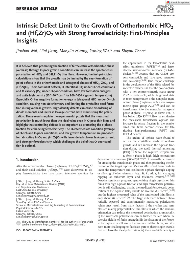 Adv Funct Materials - 2021 - Wei - Intrinsic Defect Limit to the Growth of Orthorhombic HfO2 and ...