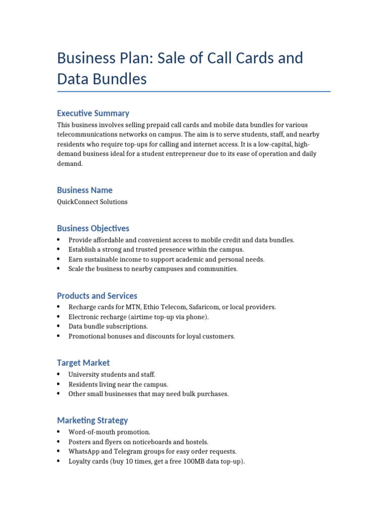 Call Cards Business Plan | PDF