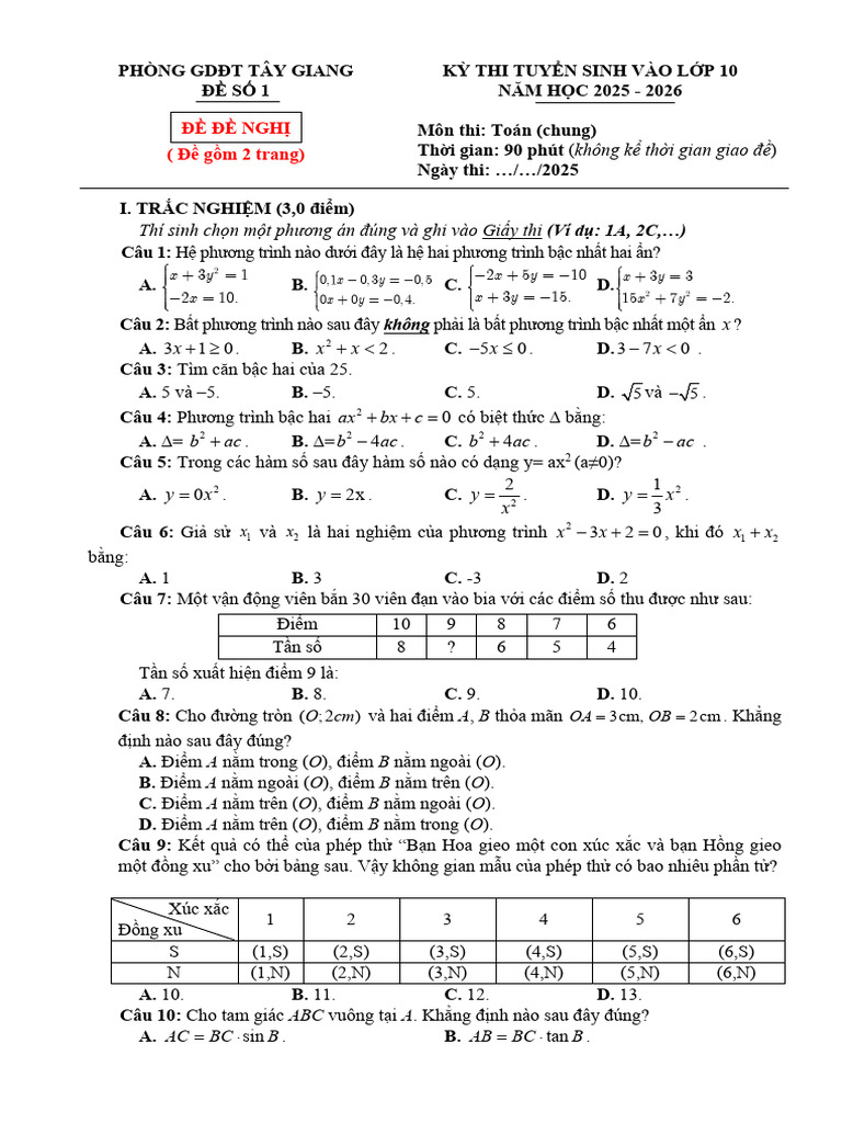 De de Nghi Tuyen Sinh Lop 10 Mon Toan Chung Nam 2025 2026 So Gddt Quang Nam | PDF