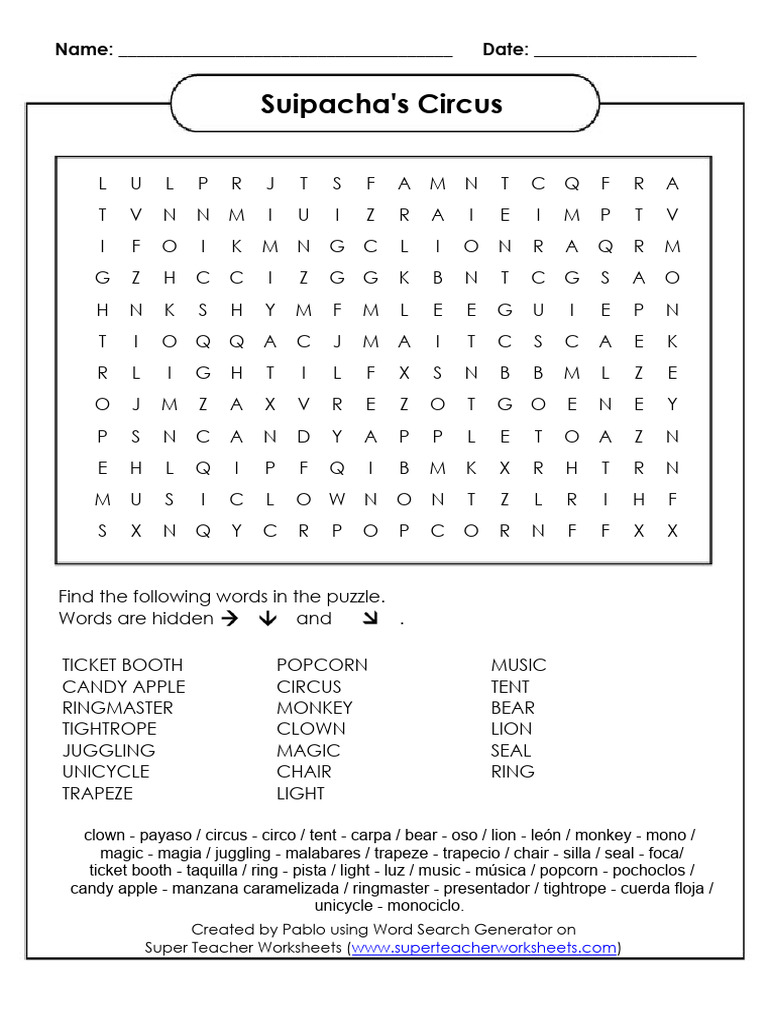 Sopa de Letras - Tema Circo - Inglés | PDF | Circus | Performing Arts