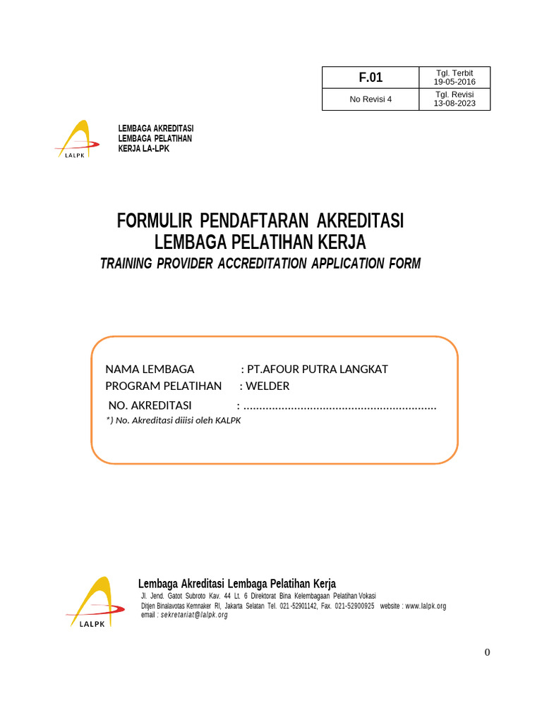 F.01 - Formulir Pendaftaran Akreditasi LPK | PDF