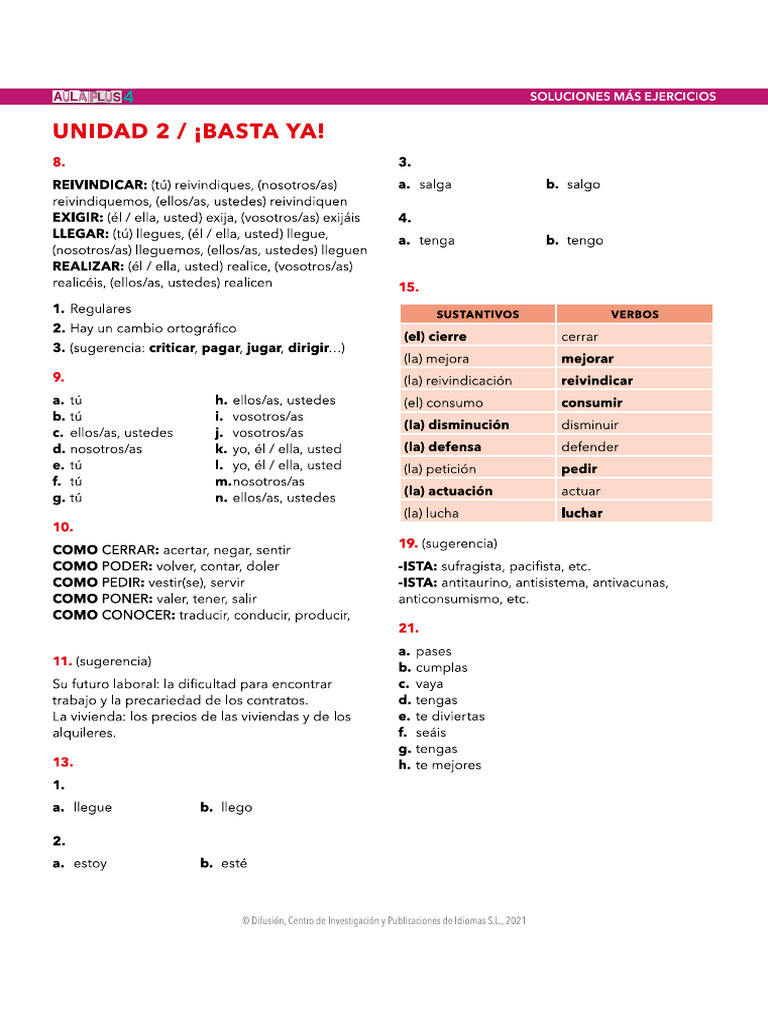 Solucion Unidad 2 Aula Plus 4 | PDF