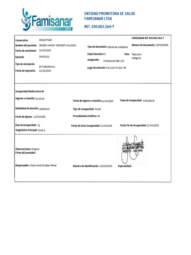 Incapacidad-Jensen Mendieta-Famisanar | PDF