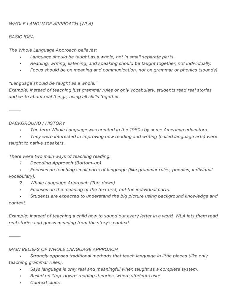 Whole Language Approach (Wla) | PDF | Phonics | Learning