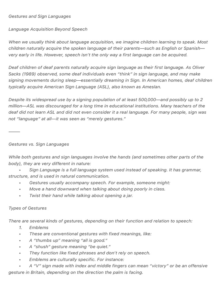 Gestures and Sign Languages | PDF | American Sign Language | Sign Language