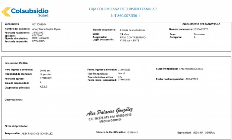 Incapacidad-Ana Mojica-Famisanar-Colsubsidio | PDF