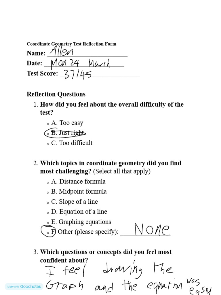 Coordinate Geometry Test Reflection Form | PDF