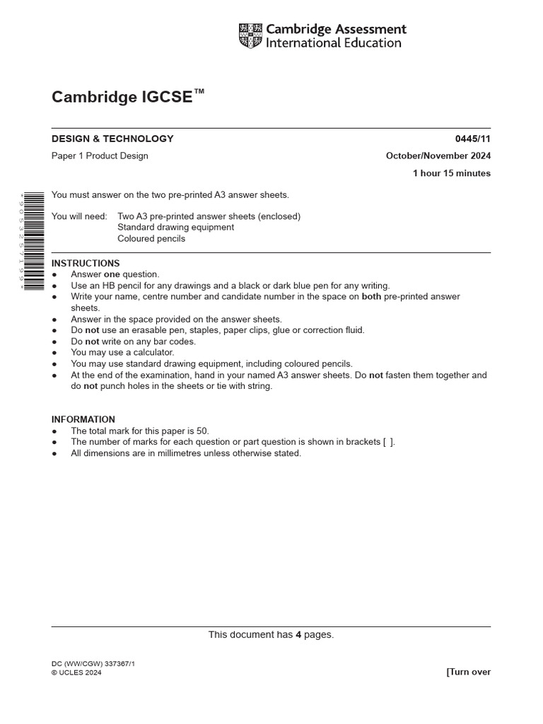 Cambridge IGCSE: Design & Technology 0445/11 | PDF | Pencil