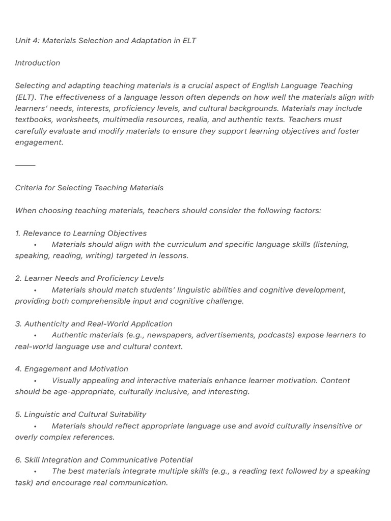 Unit 4 - Materials Selection and Adaptation in ELT | PDF | Learning | Communication