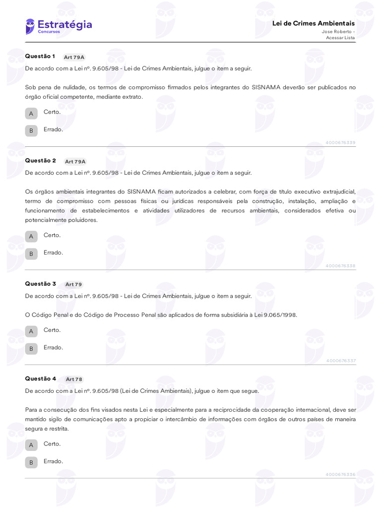 Questões sobre a Lei de Crimes Ambientais | PDF | Crimes | Crime e ...