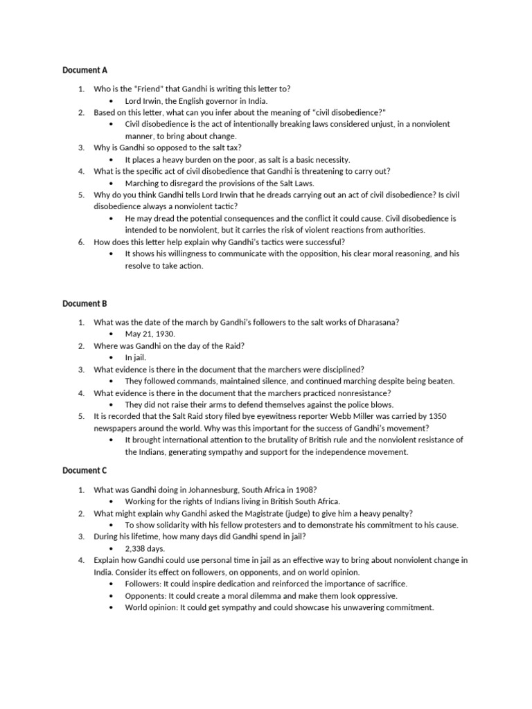 Student Gandhis and Nonviolence With Questions Awnser Key | PDF ...