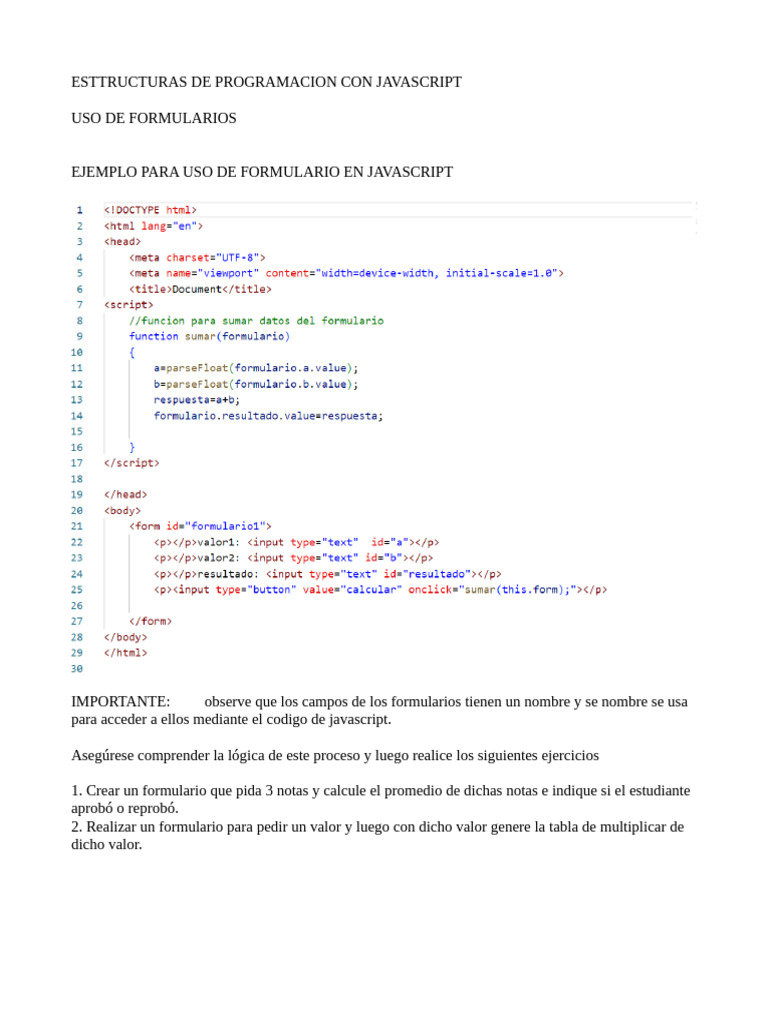 Formularios en JavaScript: Ejemplos Prácticos | PDF