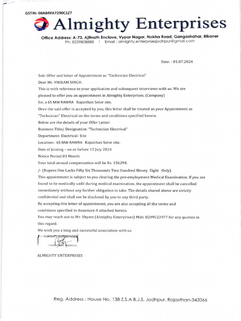 Appointment Offer for Technician Electrical | PDF