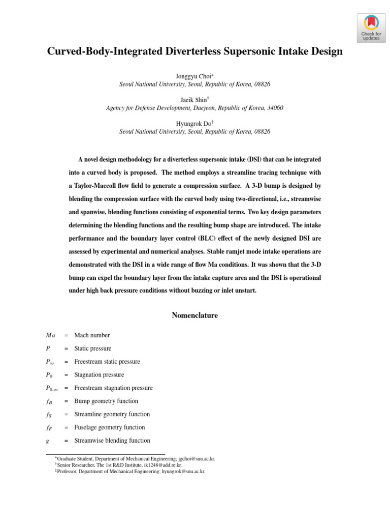 Choi Et Al 2024 Curved Body Integrated Diverterless Supersonic Intake ...