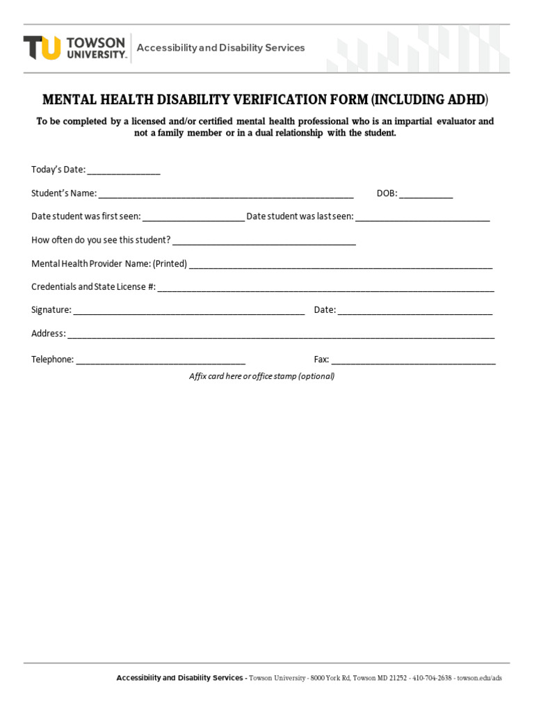 Mental Health Disability Verification Form | PDF | Clinical Psychology ...