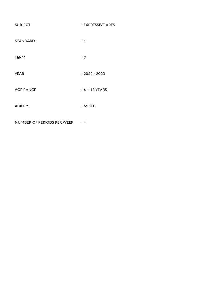 Std1 Term3 Scheme Cover Exp Arts | PDF