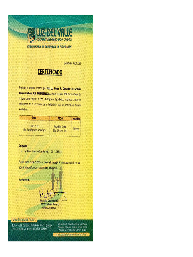 2021 - Certificado Coop Luz Valle - PETIC | PDF
