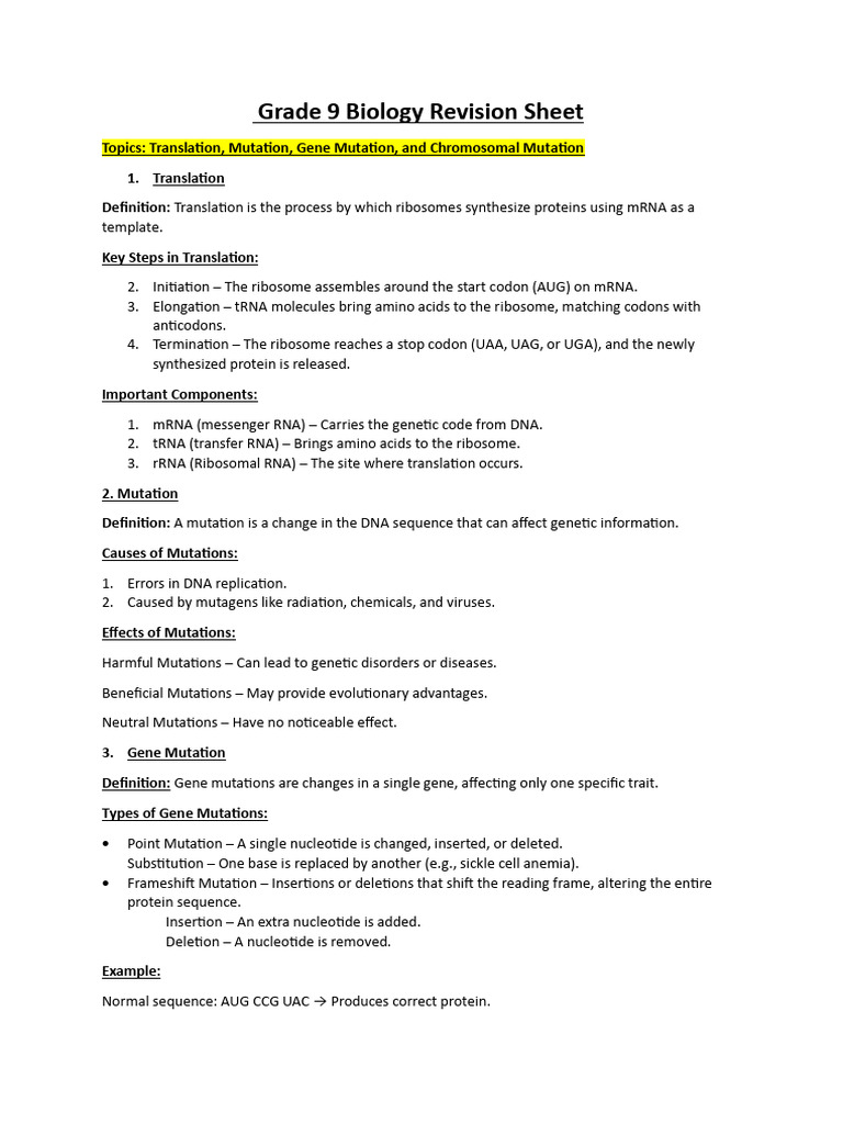 Grade 9 Biology Revision Sheet TERM 2 | PDF | Translation (Biology ...
