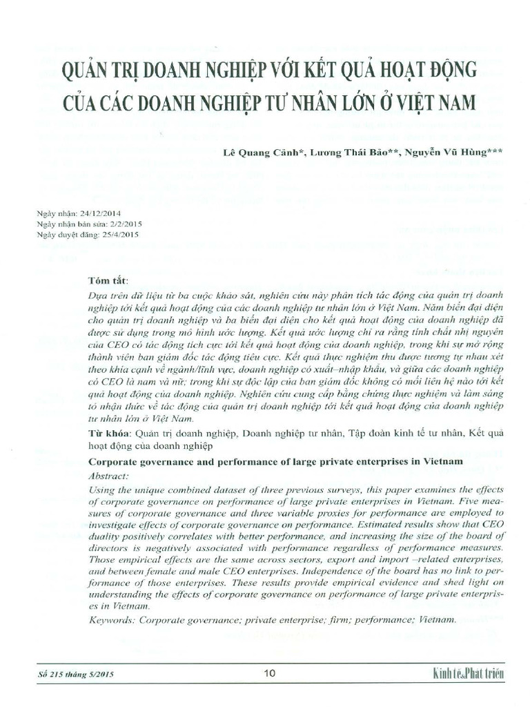 Le Quang Canh et al (2015) QTDN với các kêt quả hoạt động của các DN tư nhân lớn ở VN | PDF
