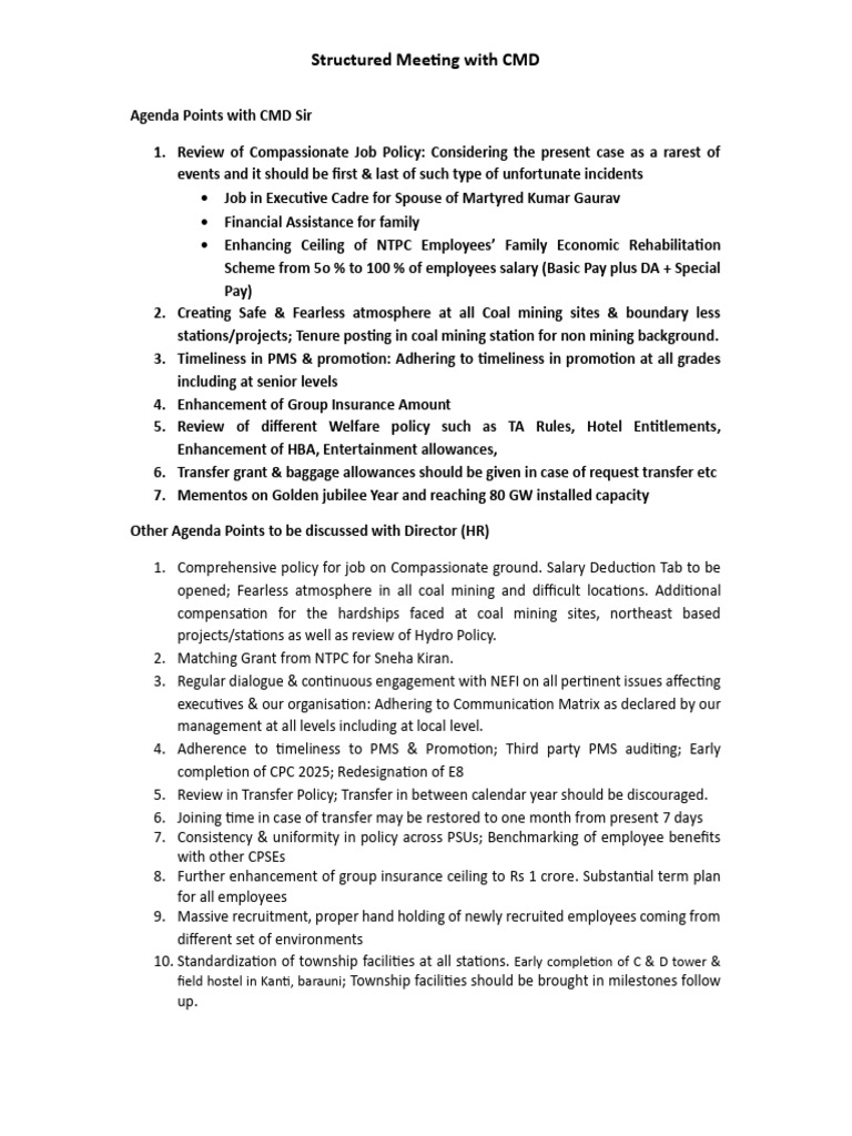 CMD Meeting Agenda on Employee Welfare | PDF