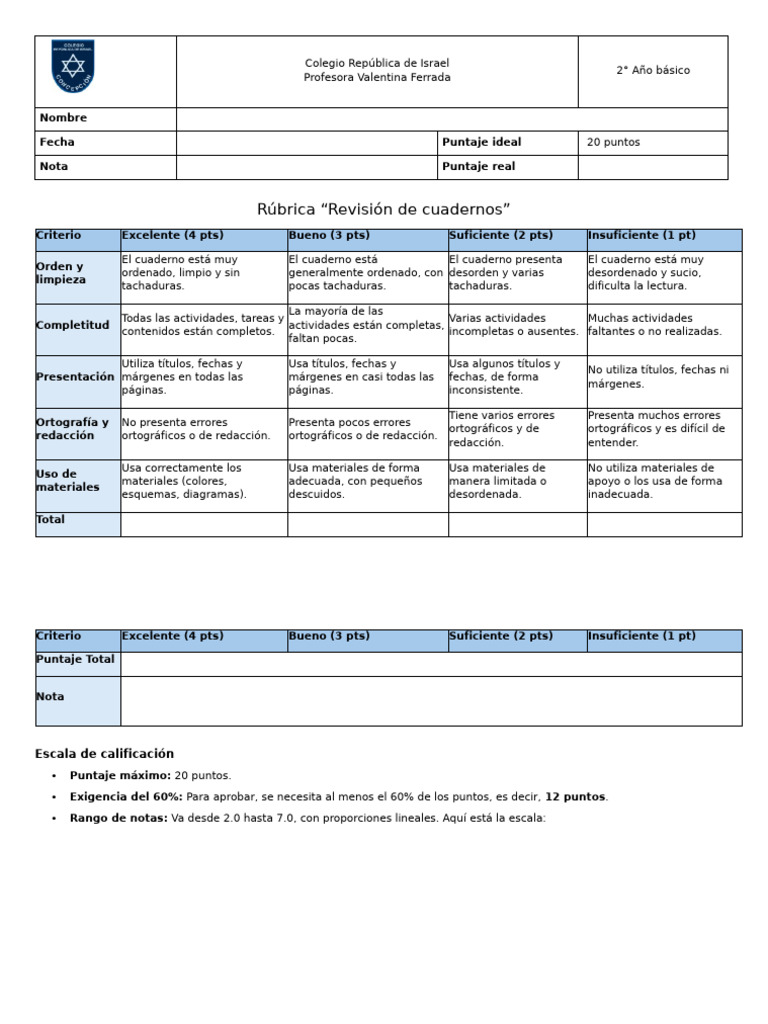 Rúbrica Revisión de Cuadernos | PDF